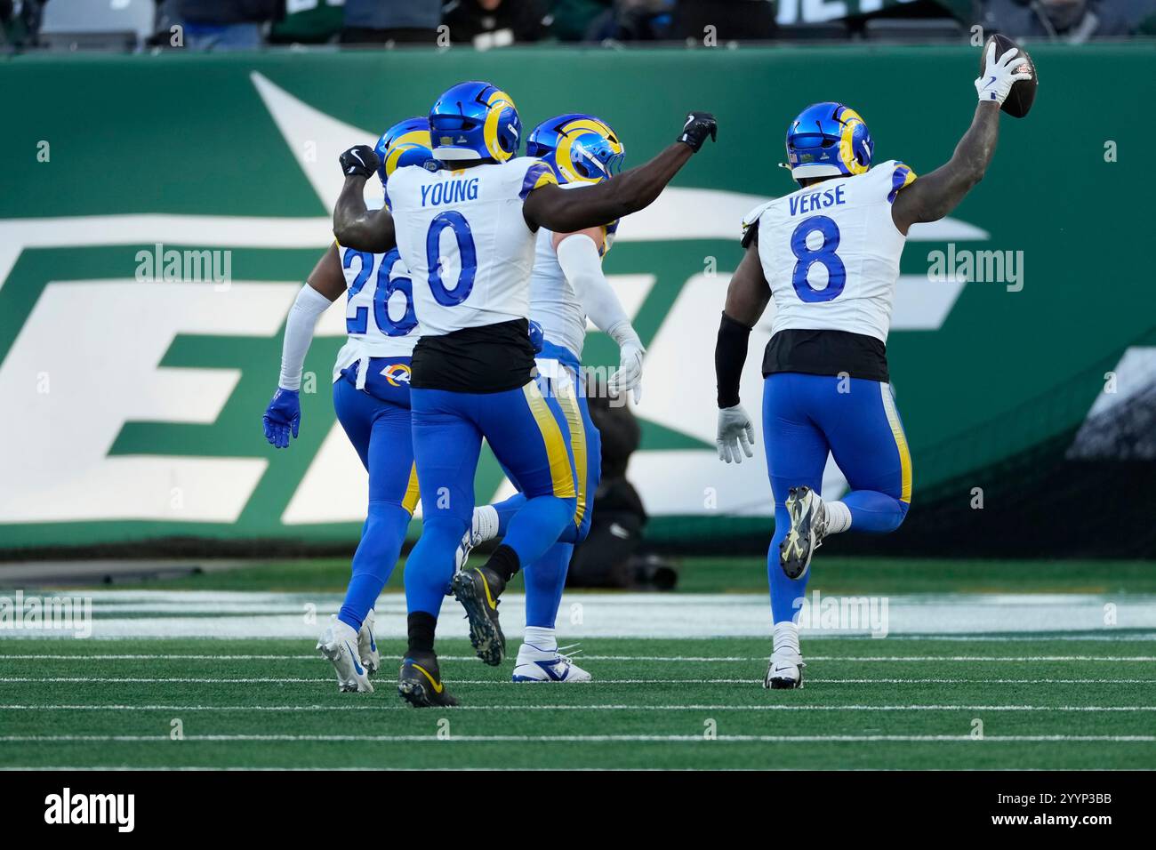 Los Angeles Rams linebacker Jared Verse (8) and teammates celebrate ...