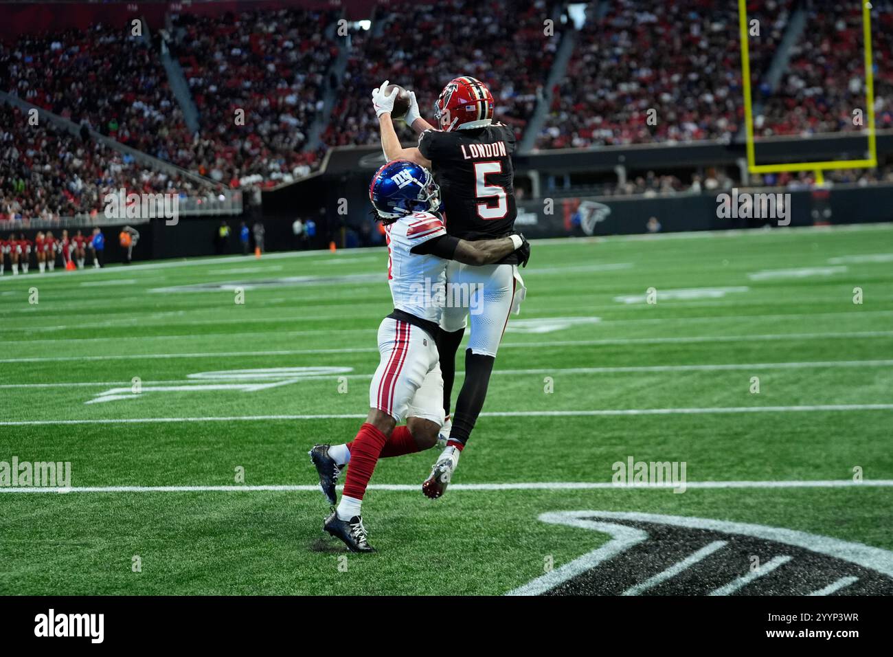 New York Giants cornerback Deonte Banks (3) breaks up a pass intended for Atlanta Falcons wide ...