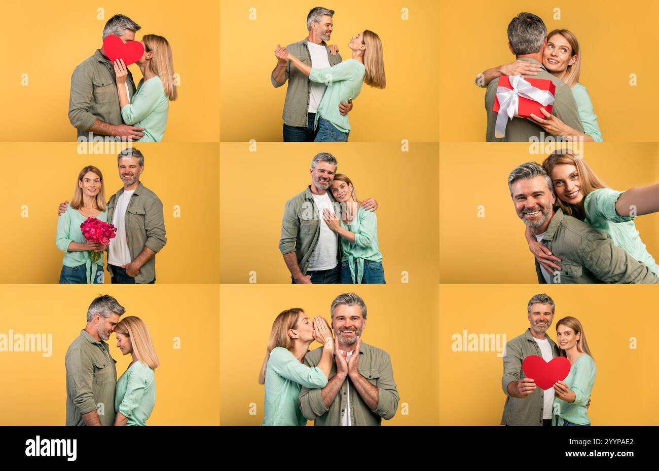 A mature couple shares affectionate moments in a vibrant collage Stock ...