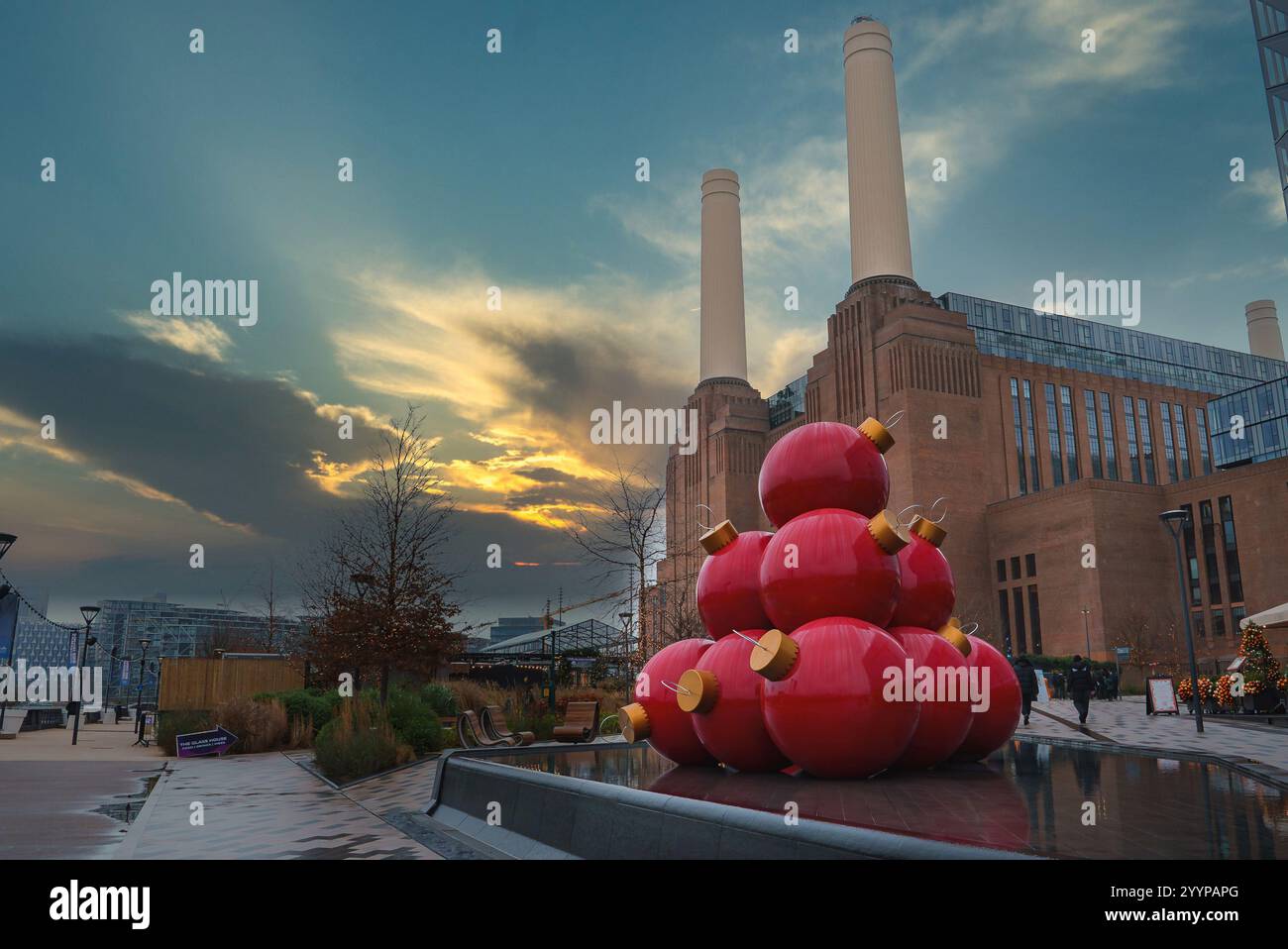 Battersea Power Station with Festive Christmas Ornaments at Sunset ...