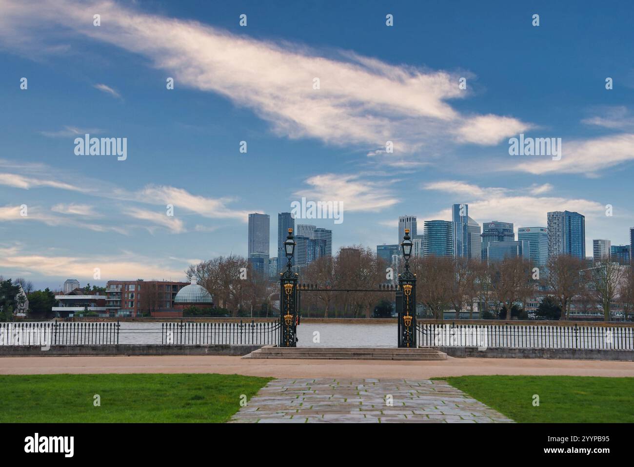 London Skyline with Canary Wharf and Ornate Wrought Iron Gate Stock ...