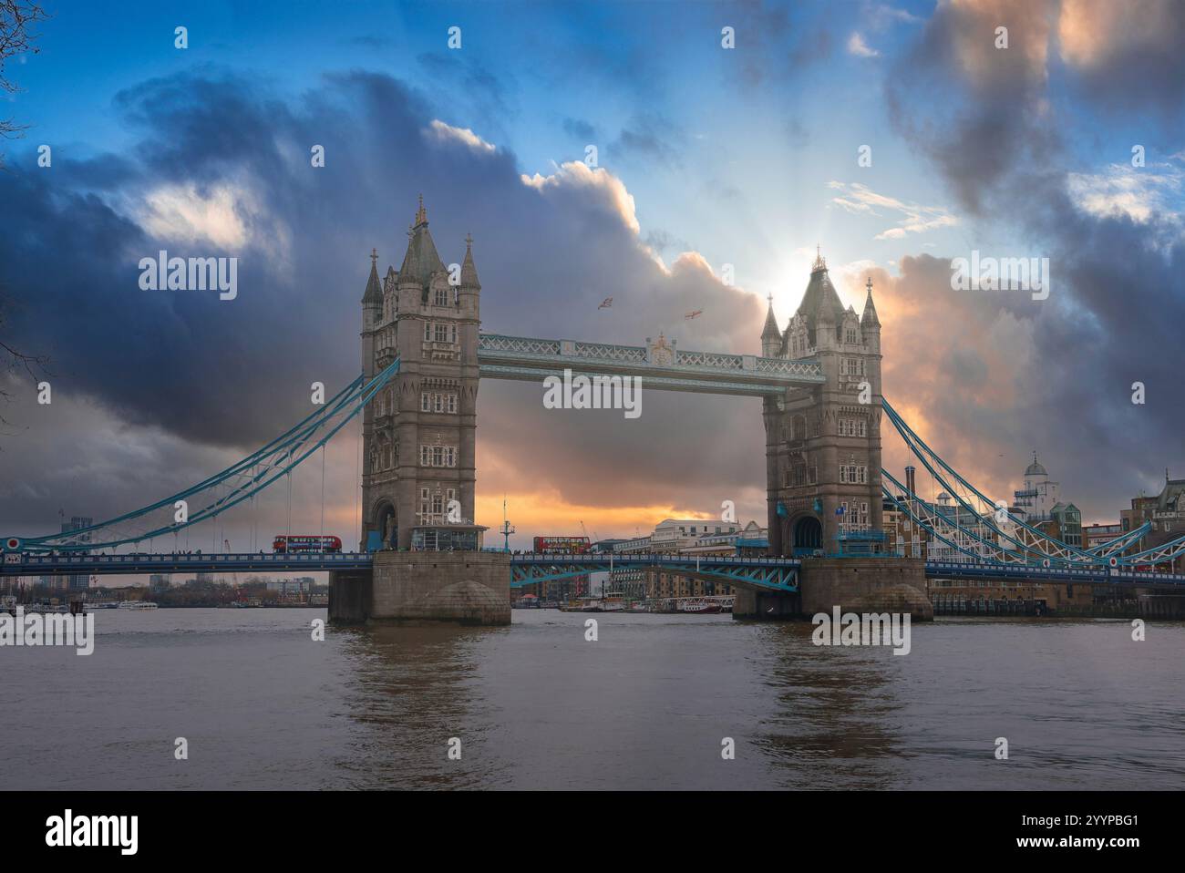 Tower Bridge at Sunset with Double Decker Buses in London Stock Photo ...