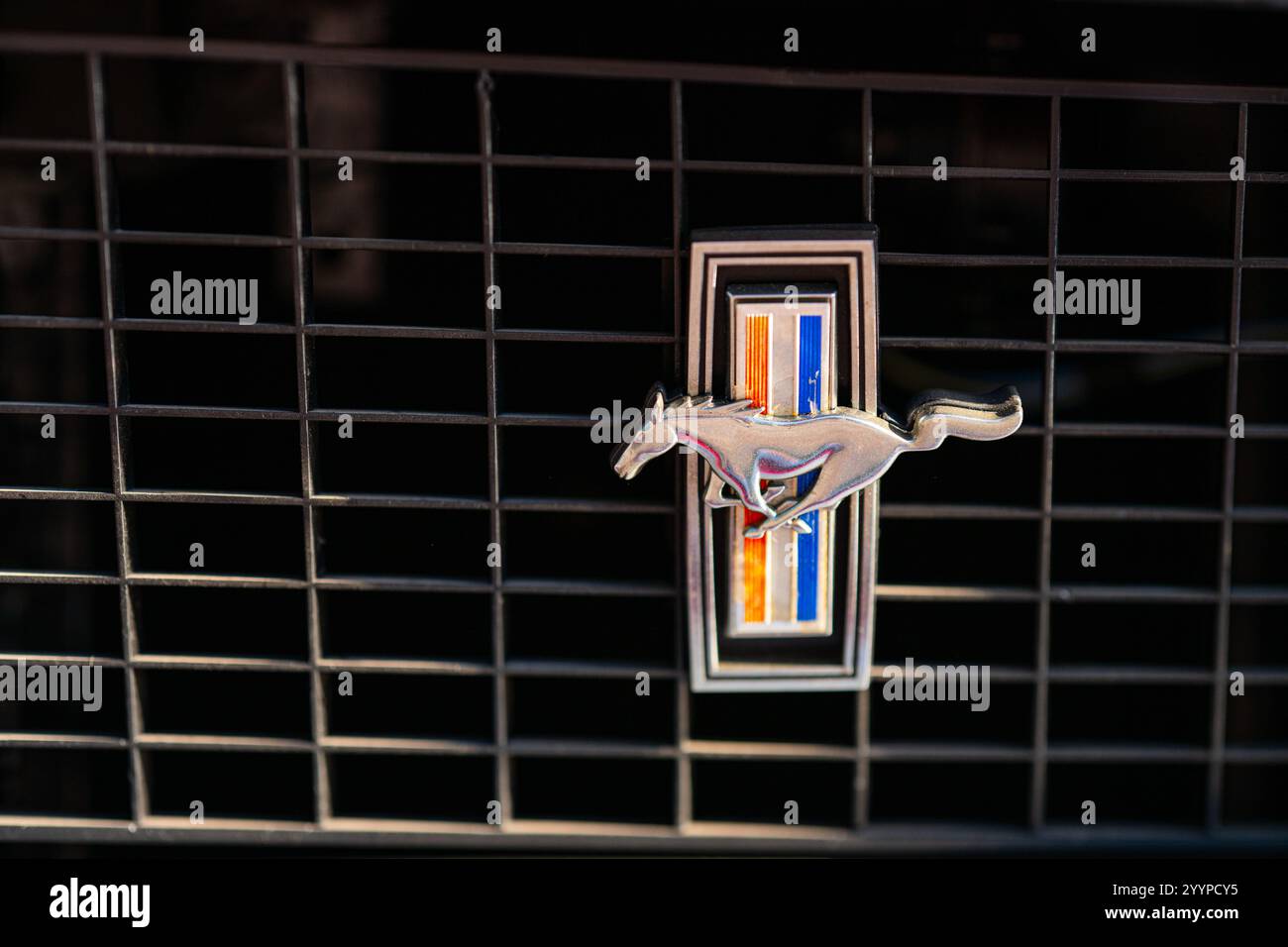 Kung?lv, Sweden - July 25 2024: Grille emblem of a Red 1969 Ford ...
