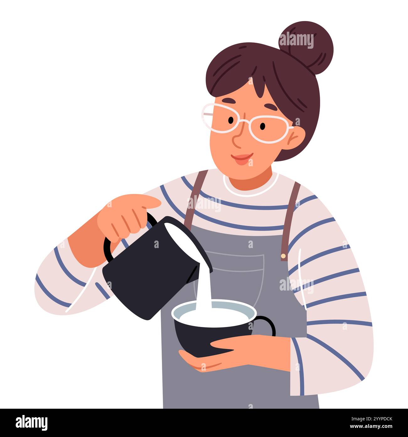 A cute barista with a milk jug in her hands makes a latte or cappuccino ...