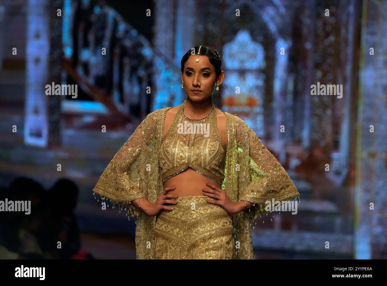 A models displays a creation by Hassan Sheheryar Yasin during a fashion show of Pantene Neo HUM ...