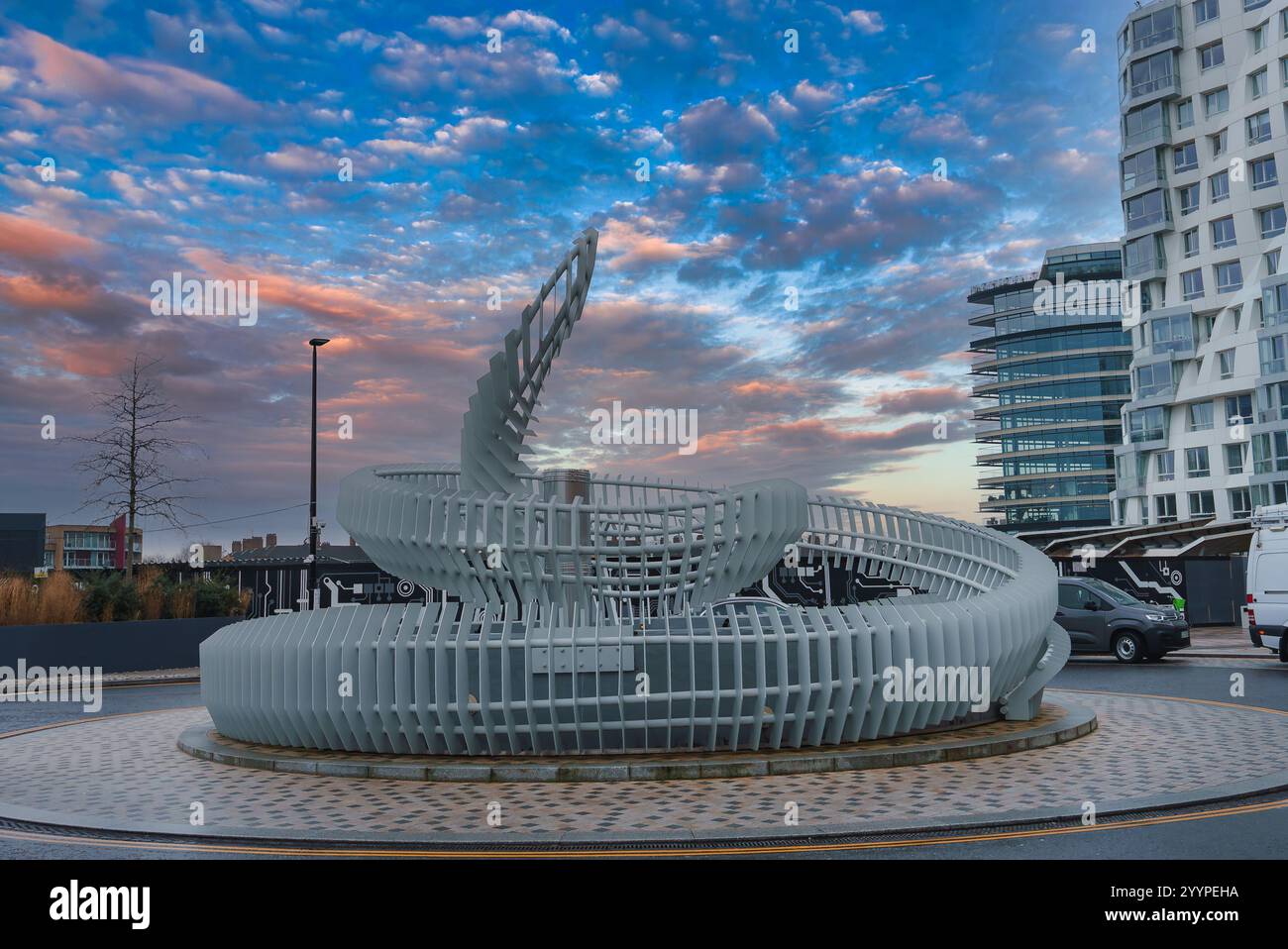 Spiral Sculpture and Modern Architecture in London at Sunset Stock ...