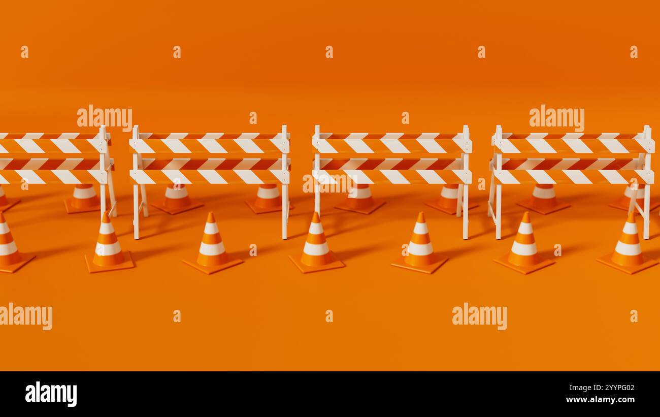 Line of orange traffic cones and barriers on orange background. Safety ...