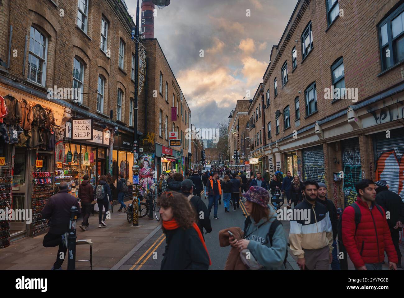 Bustling London Street Scene with Shops and Graffiti Art Stock Photo ...