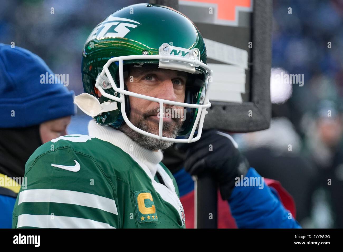 New York Jets quarterback Aaron Rodgers reacts on the sideline during ...