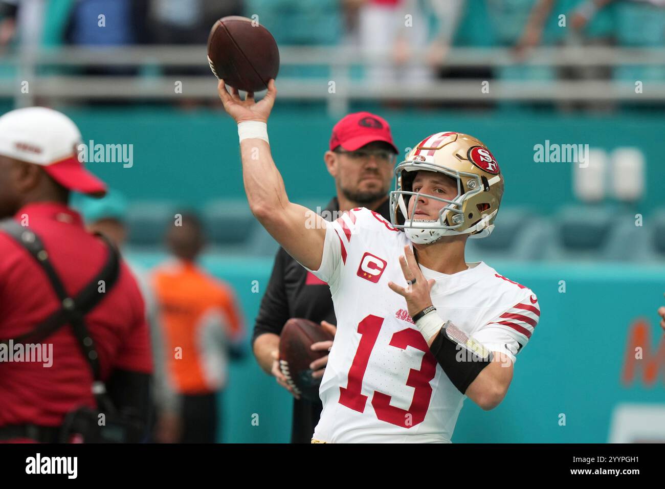 San Francisco 49ers quarterback Brock Purdy (13) warms up before an NFL ...