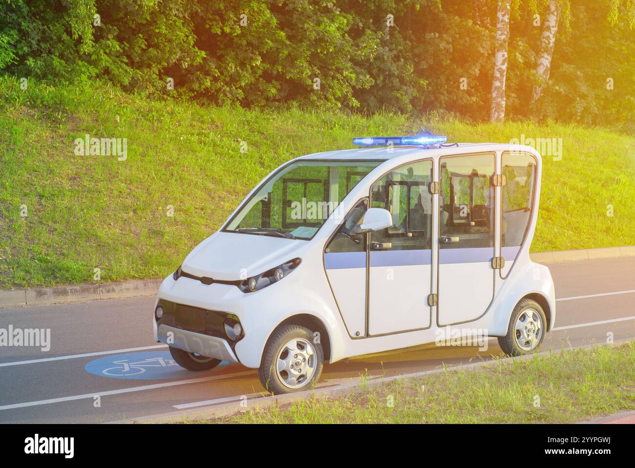 Electric police patrol car. A police electric golf cart sits empty with ...
