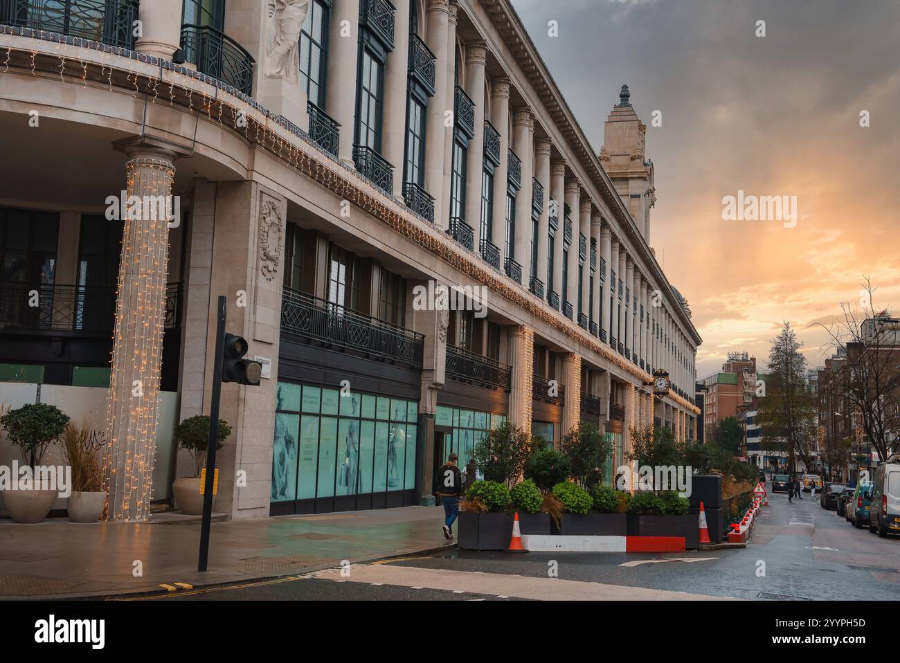 London Street Scene with Festive Lights and Classical Architecture ...
