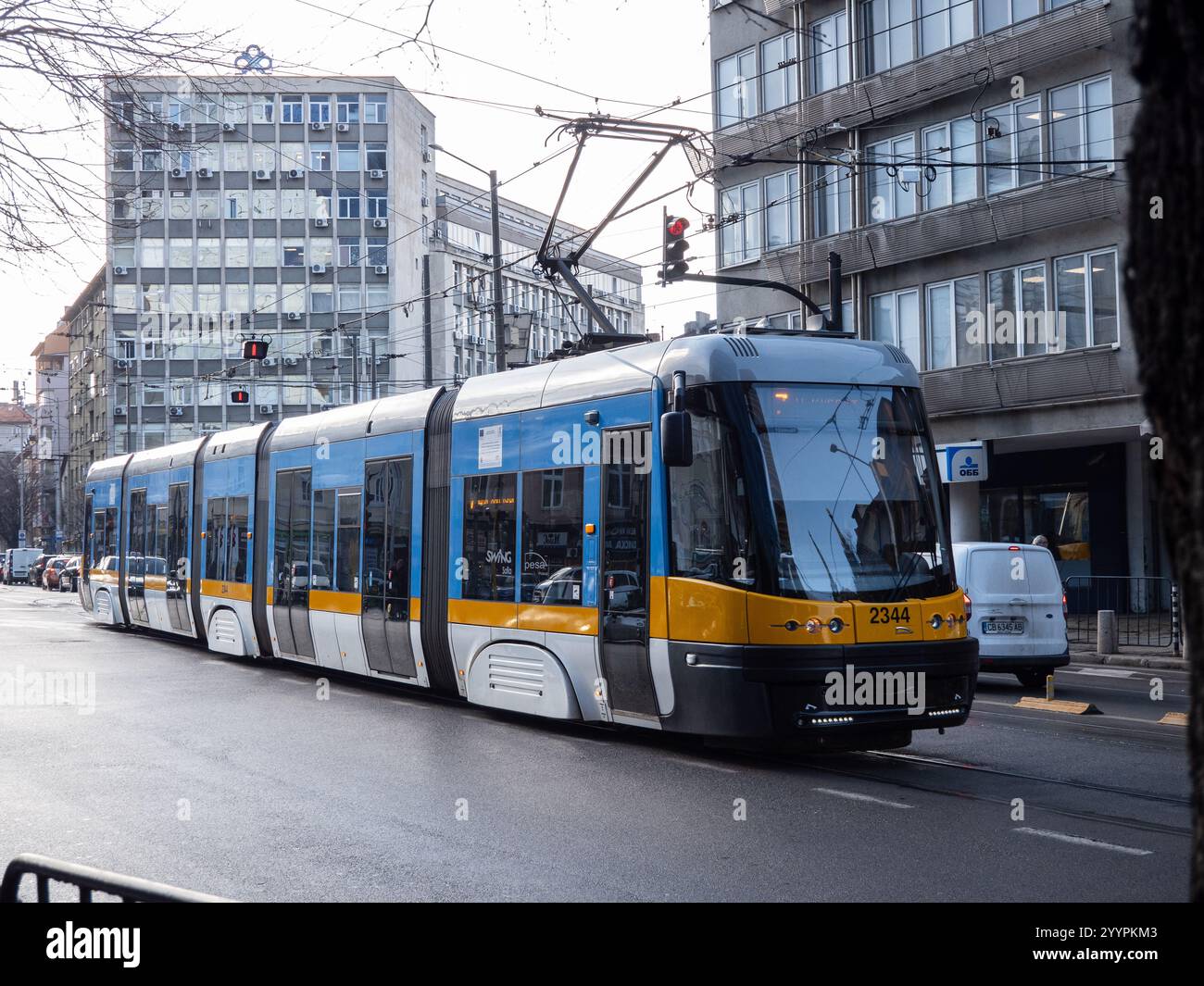 Sofia, Bulgaria; December 9th 2024: Public transport modern tram in the city of Sofia, Bulgaria ...