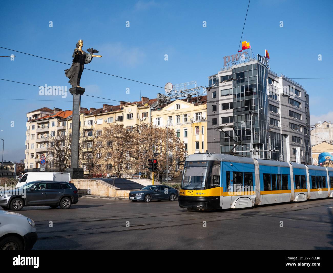 Sofia, Bulgaria; December 9th 2024: Sveta Sofia Statue and urban tram ...