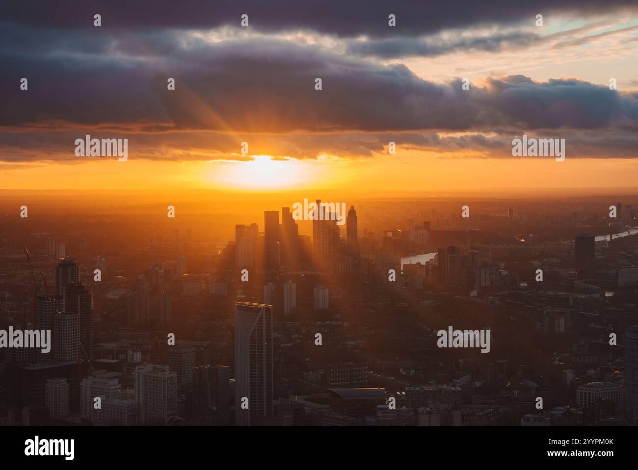 Sunset Over London Skyline with Canary Wharf and River Thames Stock ...