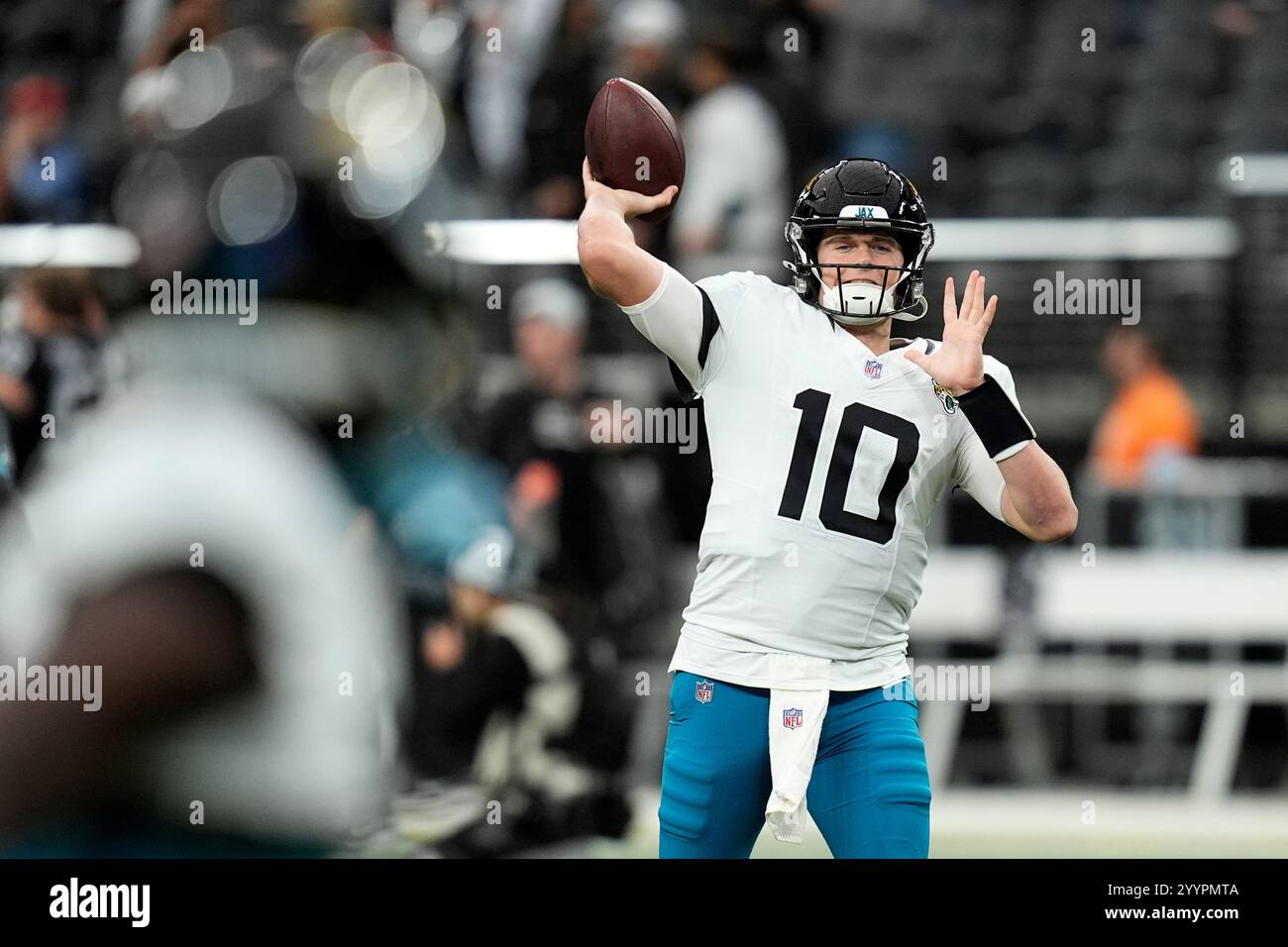 Jacksonville Jaguars quarterback Mac Jones warms up prior to an NFL ...