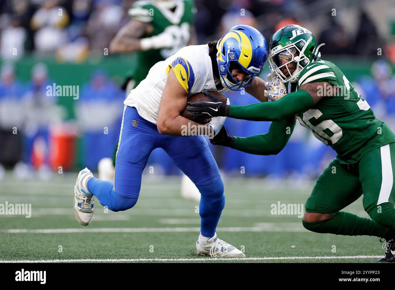 Los Angeles Rams wide receiver Puka Nacua (17) is tackled by New York ...