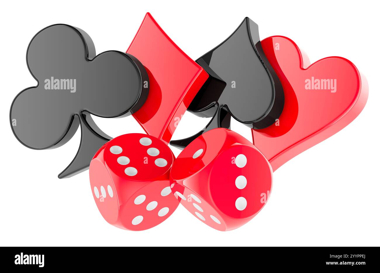 Card suits and dice, gambling logotype. 3D rendering isolated on white ...
