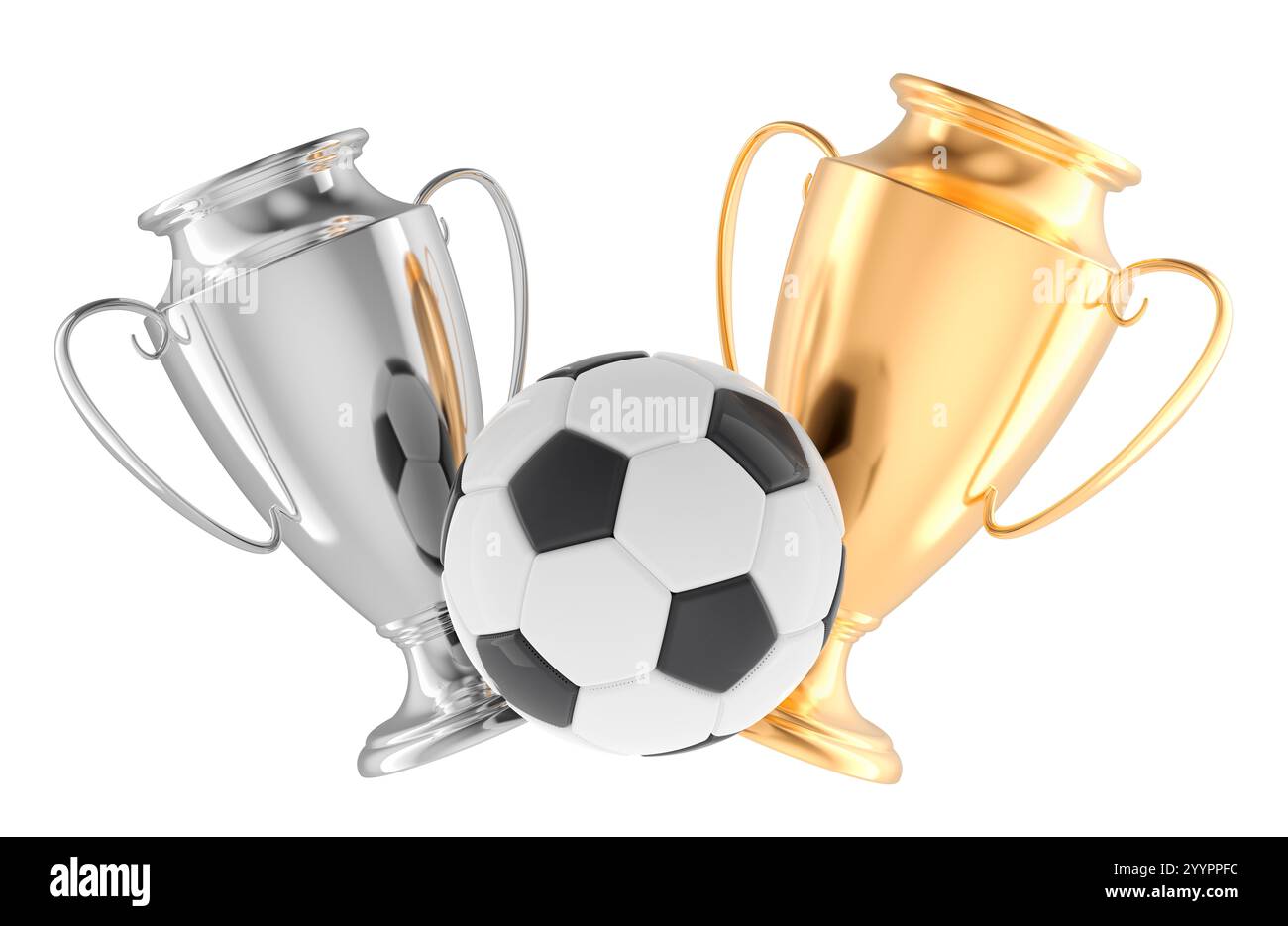 Soccer ball with gold and silver trophy cups award, 3D rendering ...