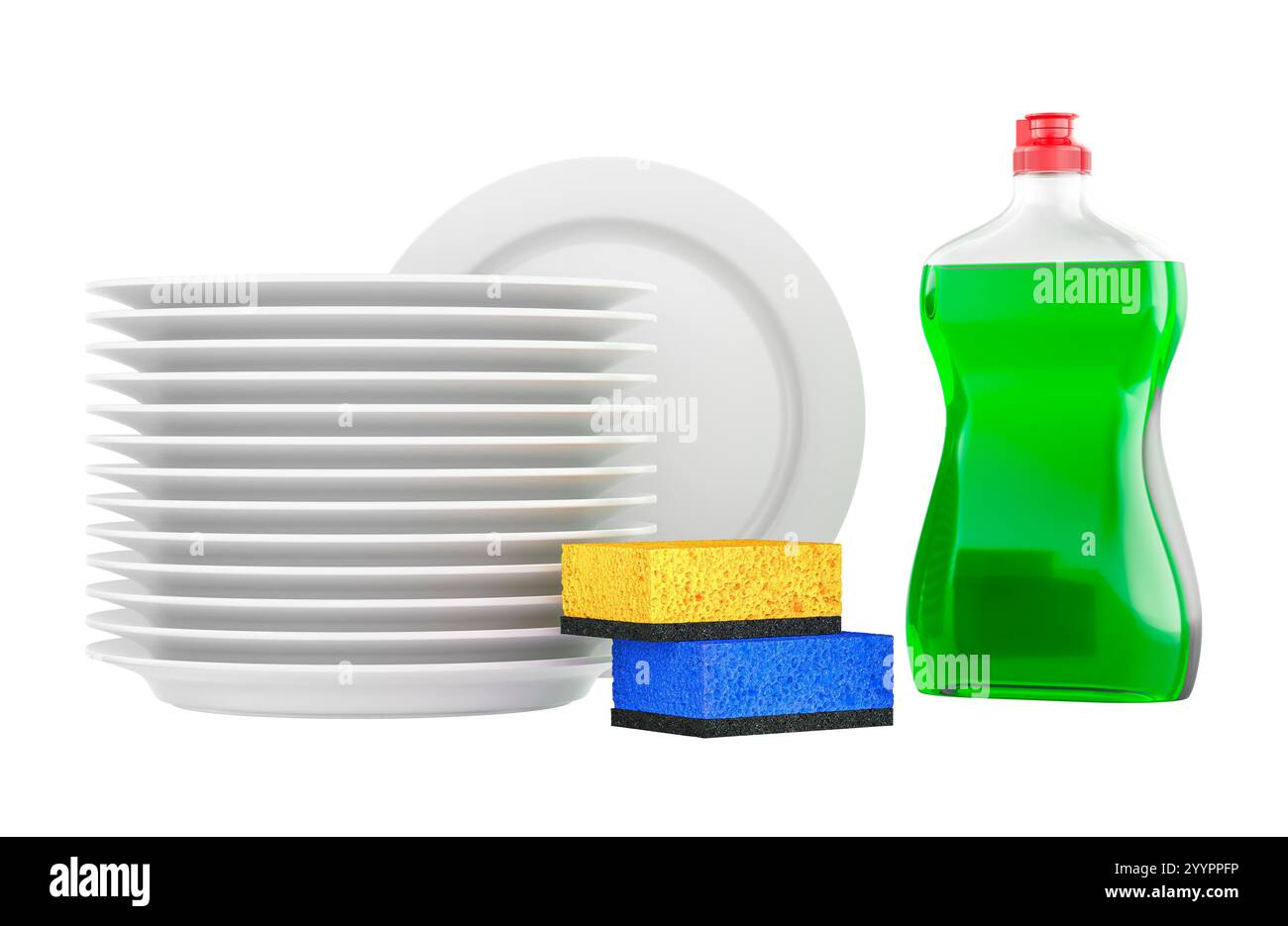 Dishwashing detergent, sponges and stack of clean plates, 3D rendering ...