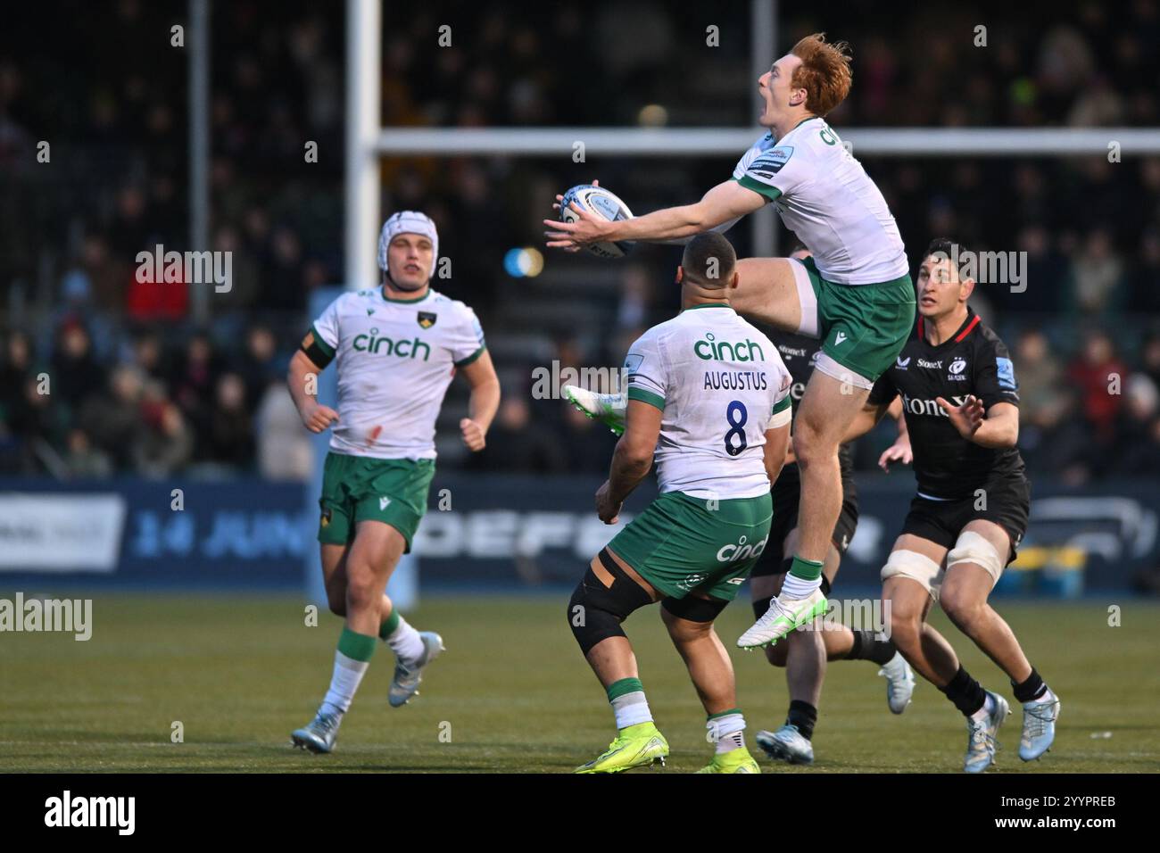 George Hendy of Northampton Saints rises to the high ball during the ...