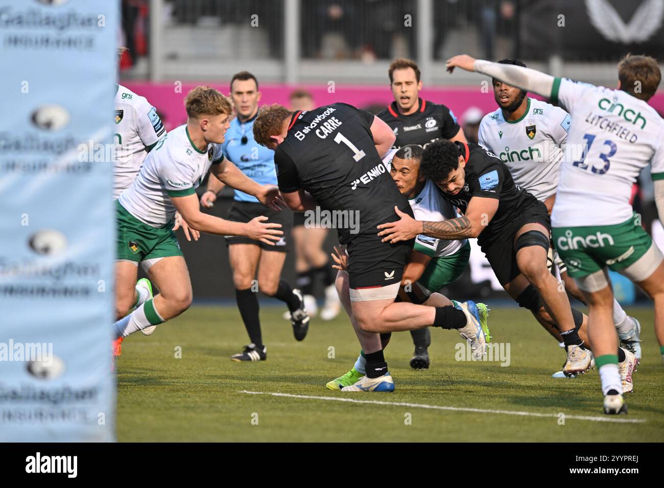 Rhys Carre of Saracens drives for the line during the Gallagher ...
