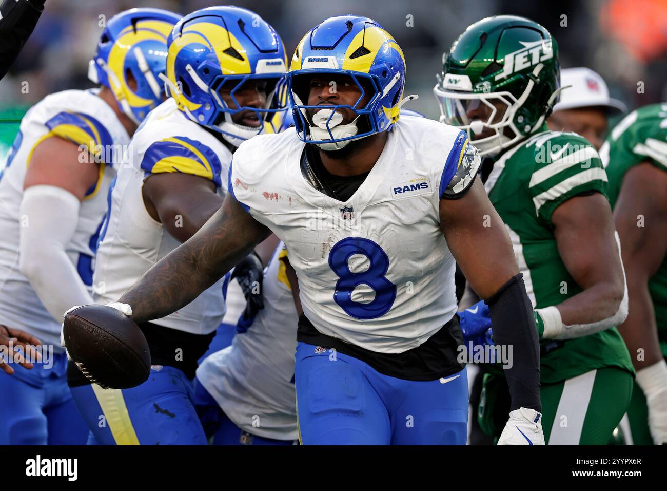 Los Angeles Rams linebacker Jared Verse (8) reacts after recovering a ...