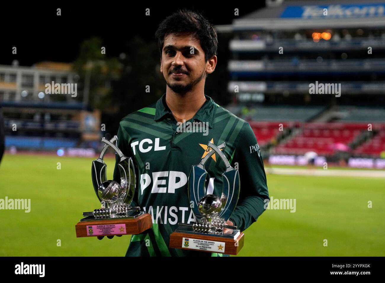 Pakistan's Saim Ayub holds the Player of the Match and Player of the ...
