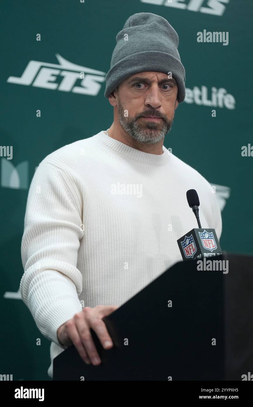 New York Jets quarterback Aaron Rodgers speaks at a news conference ...