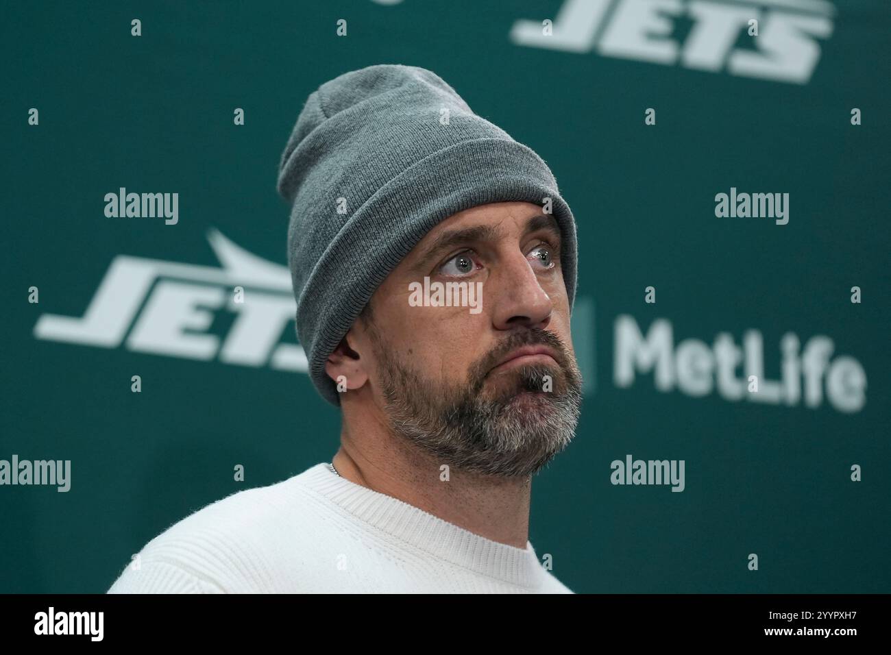 New York Jets quarterback Aaron Rodgers speaks at a news conference ...