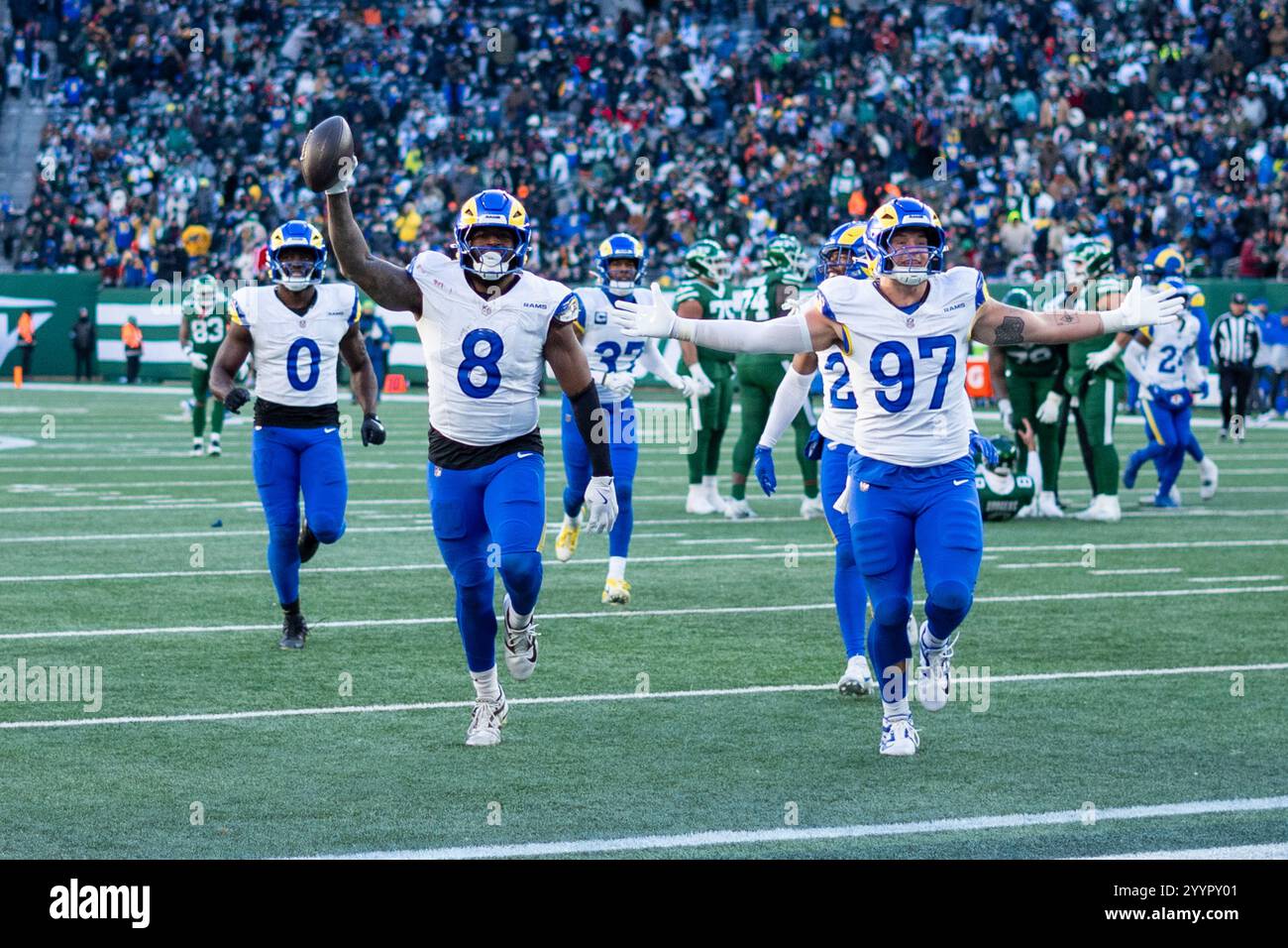 Los Angeles Rams linebacker Jared Verse (8) celebrates the fumble ...