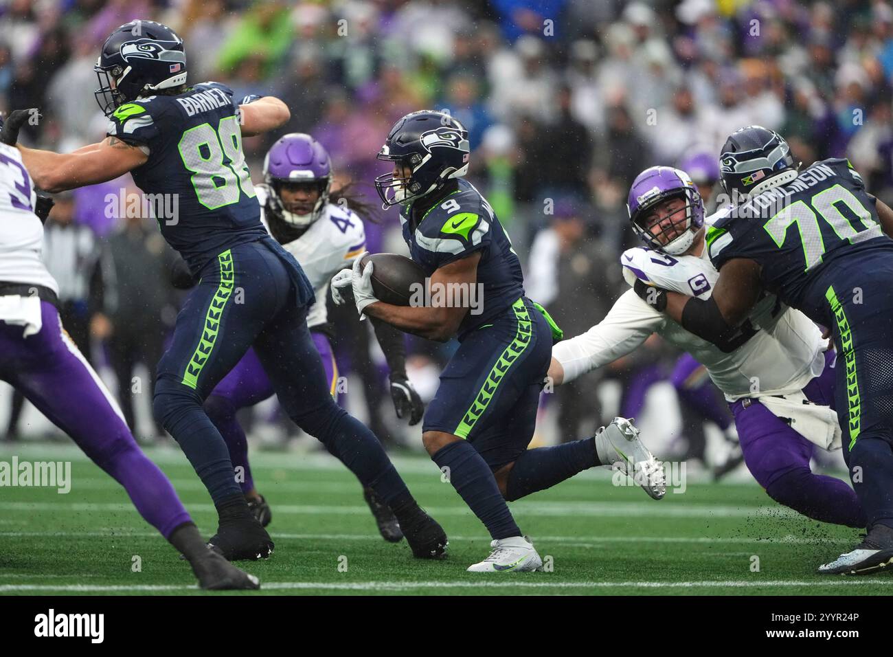 Seattle Seahawks running back Kenneth Walker III (9) runs with the football during the first ...
