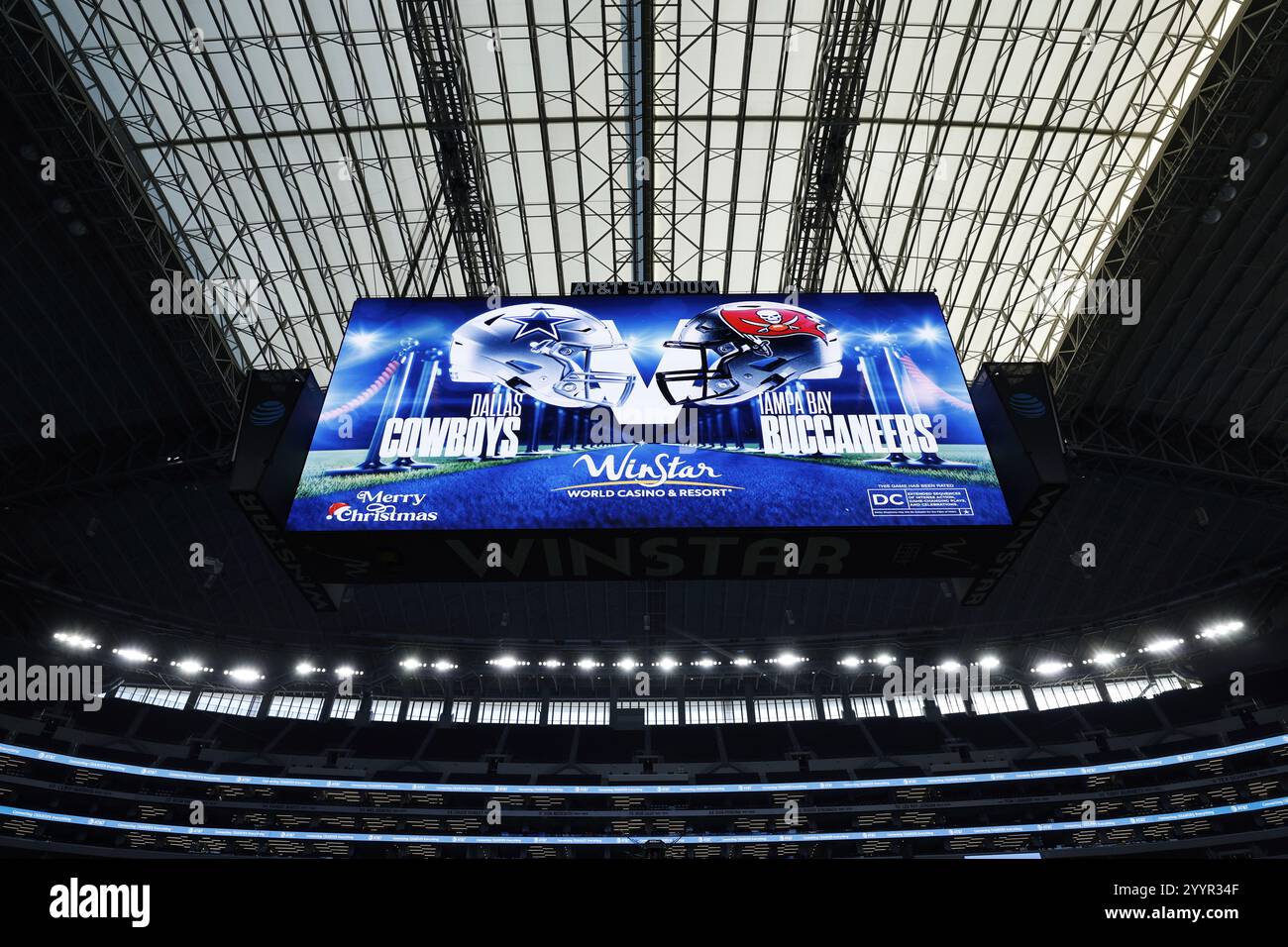 The videoboard at AT&T Stadium in a general stadium view (GV) shows the ...