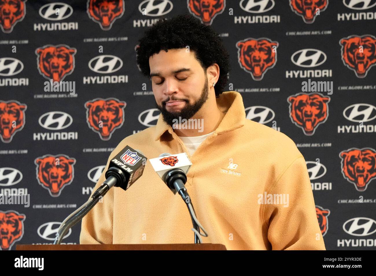 Chicago Bears' Caleb Williams talks with reporters after an NFL ...