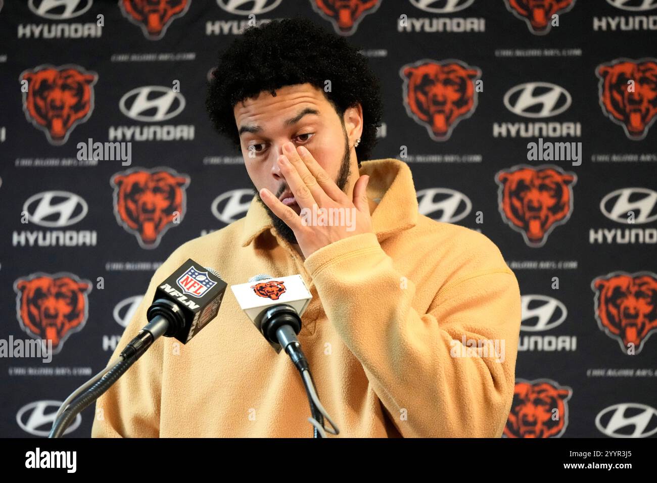 Chicago Bears' Caleb Williams talks with reporters after an NFL ...