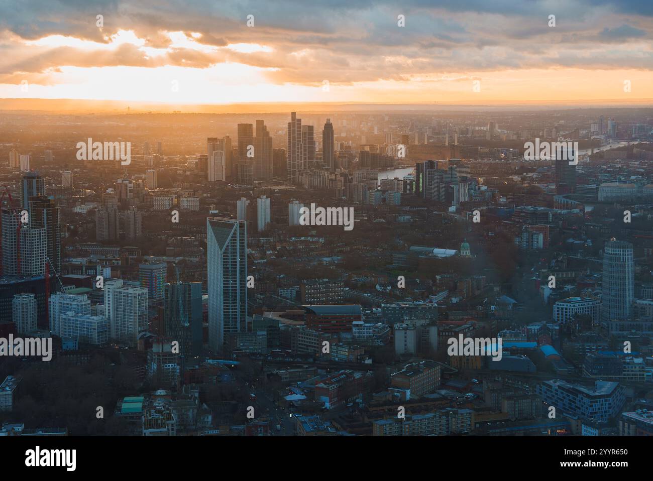 Aerial View of London Skyline at Sunset with River Thames Stock Photo ...