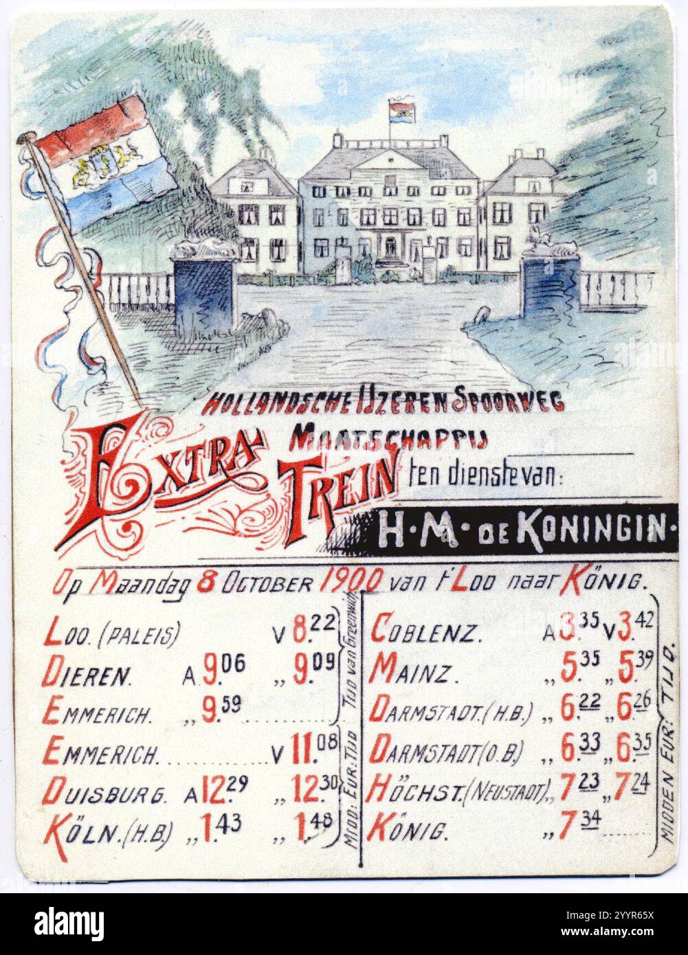 Dienstregeling van de extra-trein voor de Koningin van Paleis het Loo naar König in Duitsland, 8 ...
