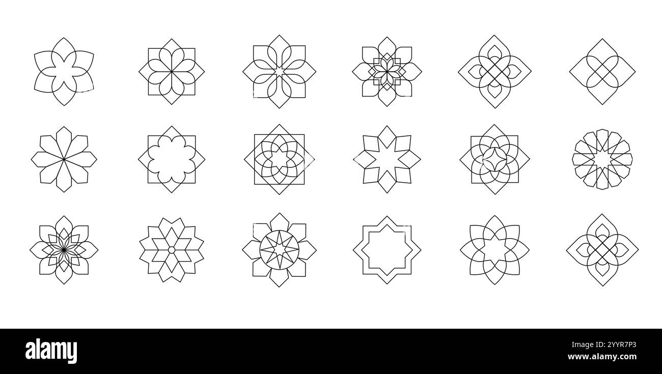 Collection of black and white linear Arabic oriental floral vector ...