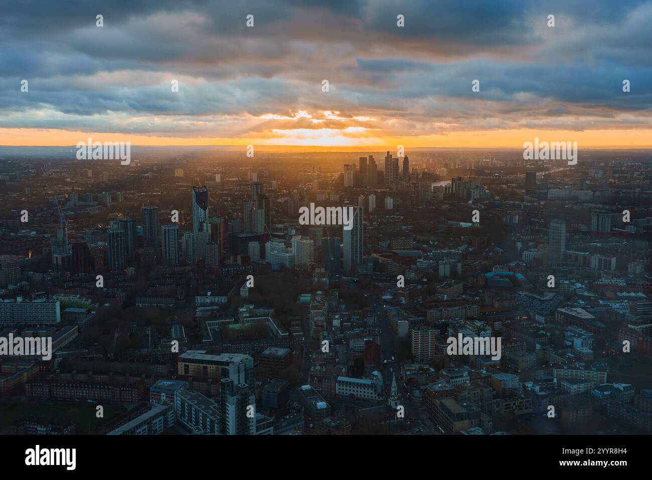 Aerial View of London Skyline at Sunset Featuring The Shard Stock Photo ...