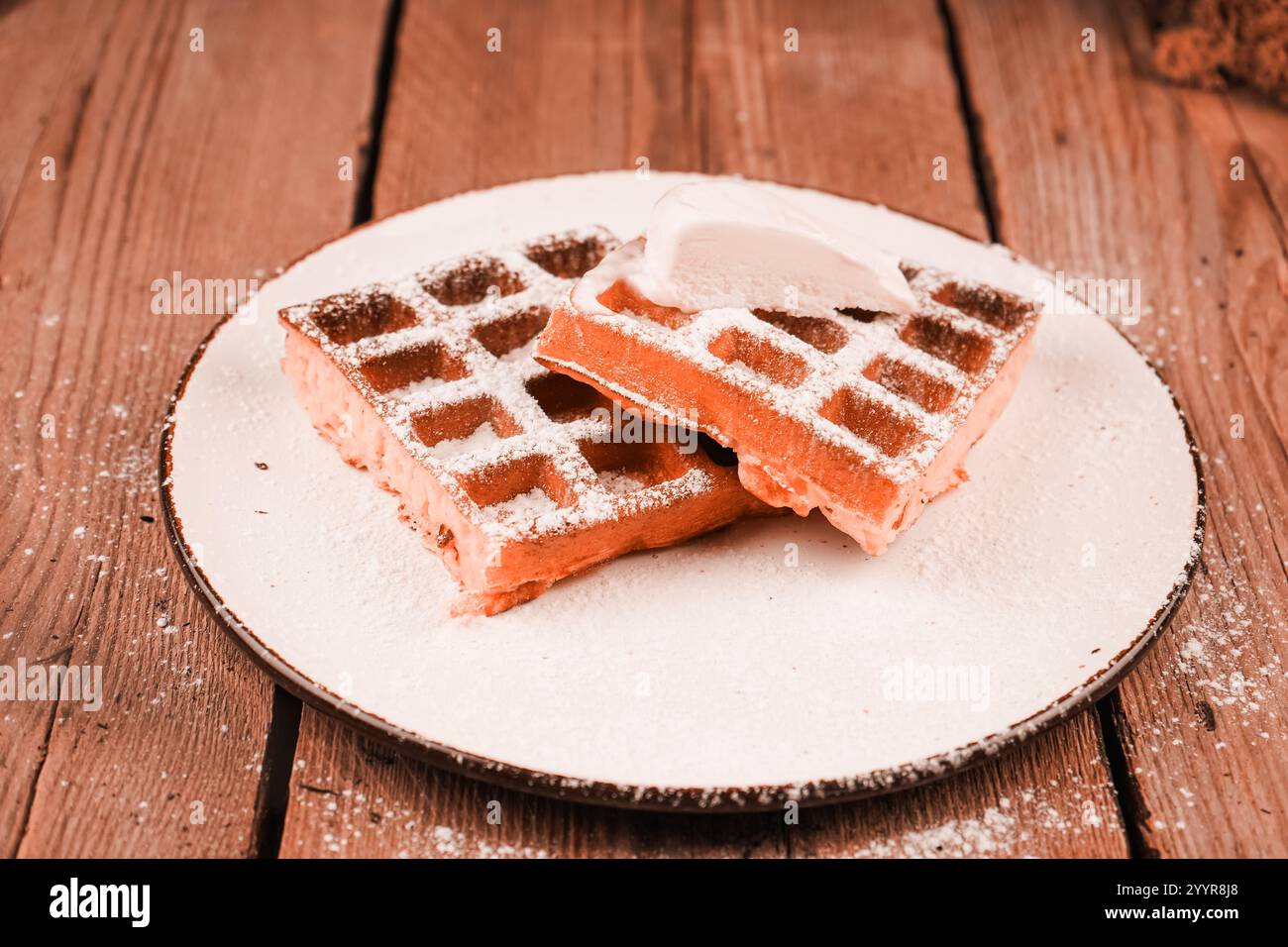 pantone palette. Waffles on plate. Ice-cream topping. Adding ice-cream ...