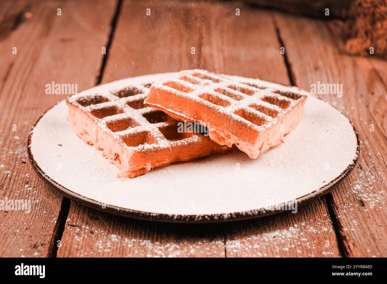 pantone palette. Waffles on plate isolated on dark background. Belgian ...