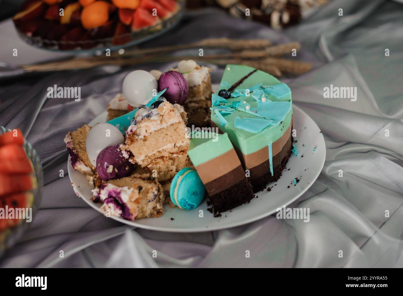 Colorful Dessert Platter Featuring Assorted Cakes and Macarons Stock ...