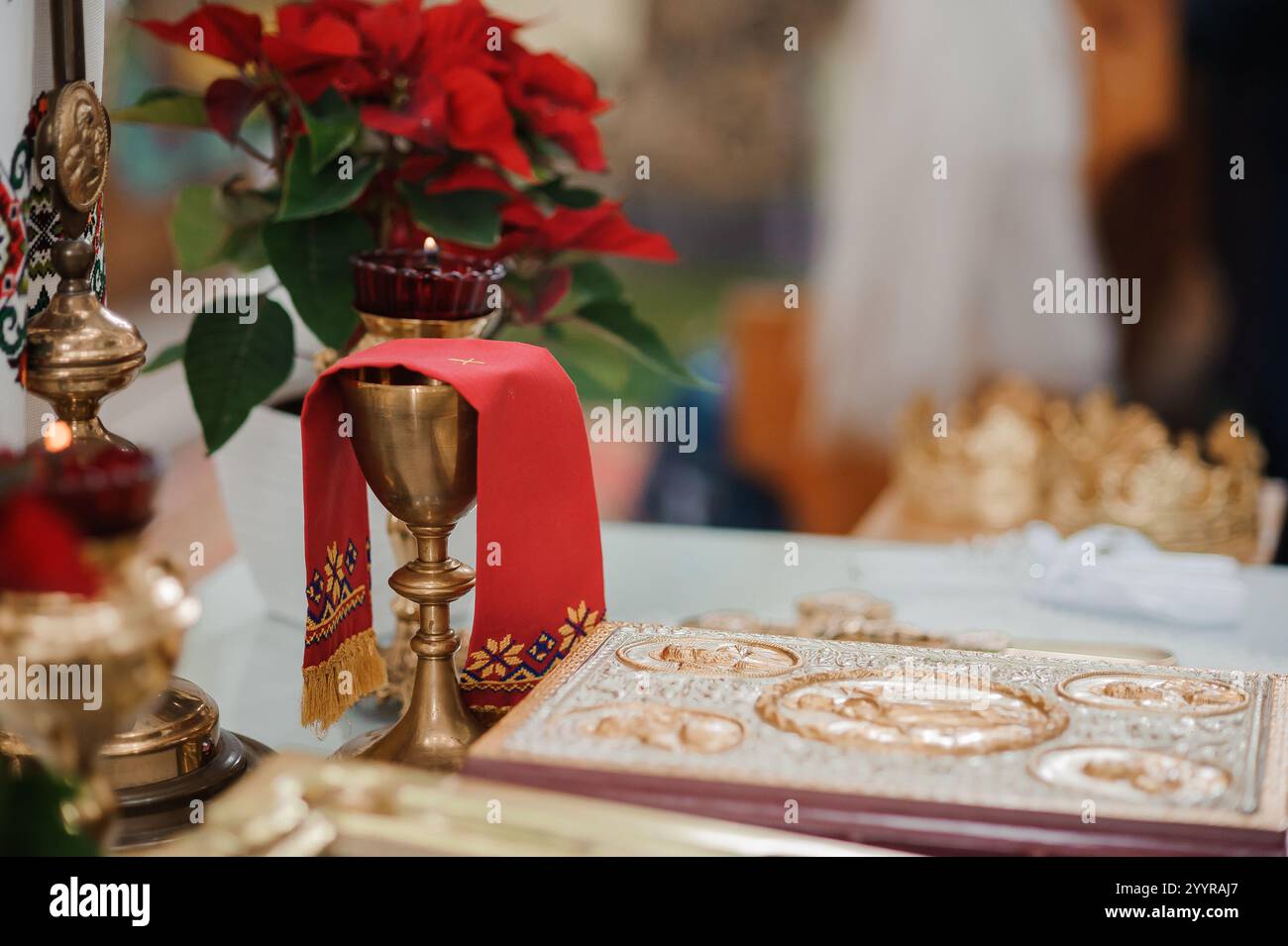 Exquisite Religious Altar Setup with Ornate Chalice and Festive ...