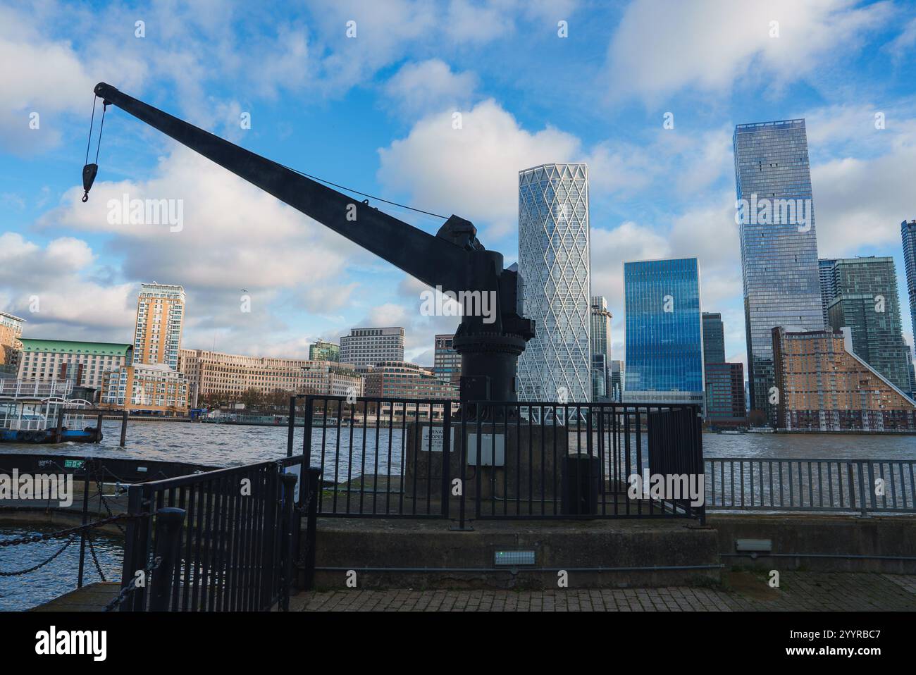 Canary Wharf Skyline with Industrial Crane and River Thames View Stock ...