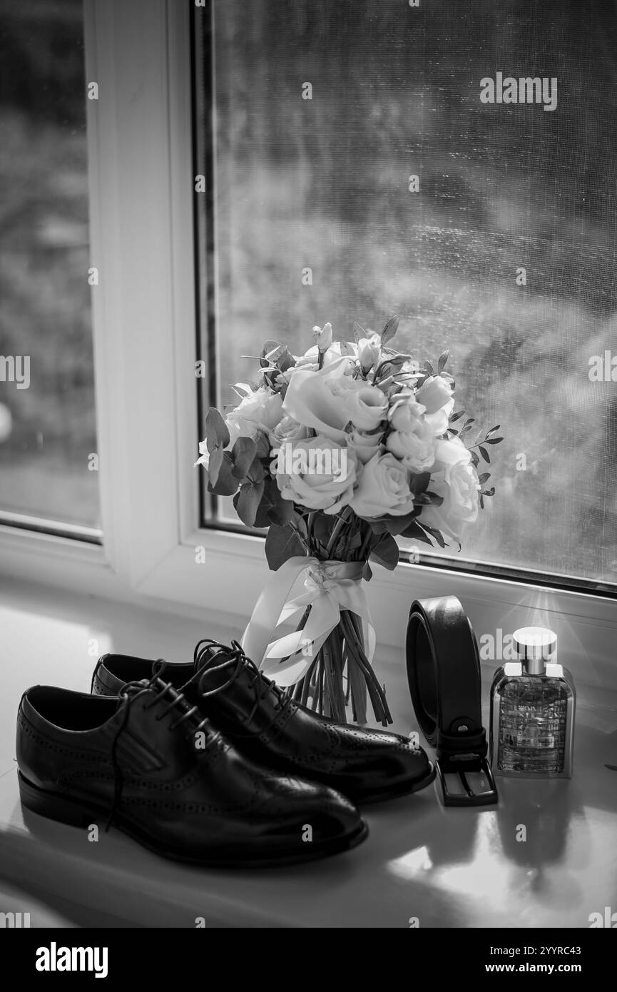 Wedding preparations elegant shoes Black and White Stock Photos ...