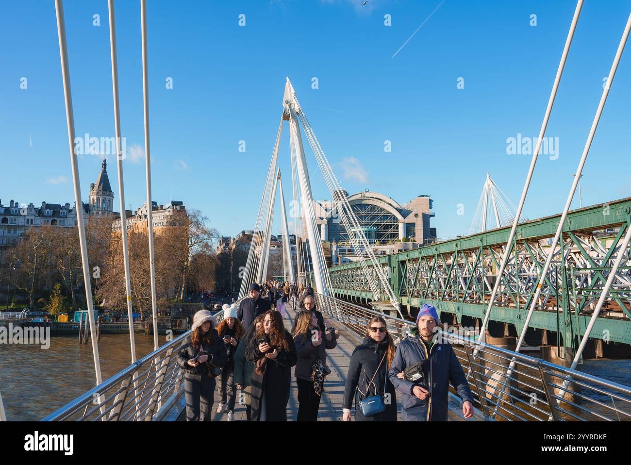 View of the Golden Jubilee Bridges with Charing Cross Station's arched ...