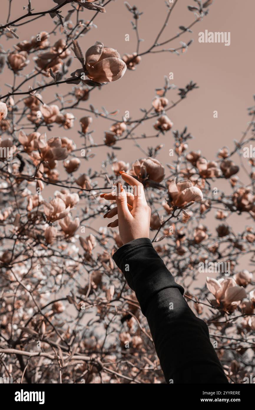 pantone 2025. A girl in black clothes and with long white hair reaches ...