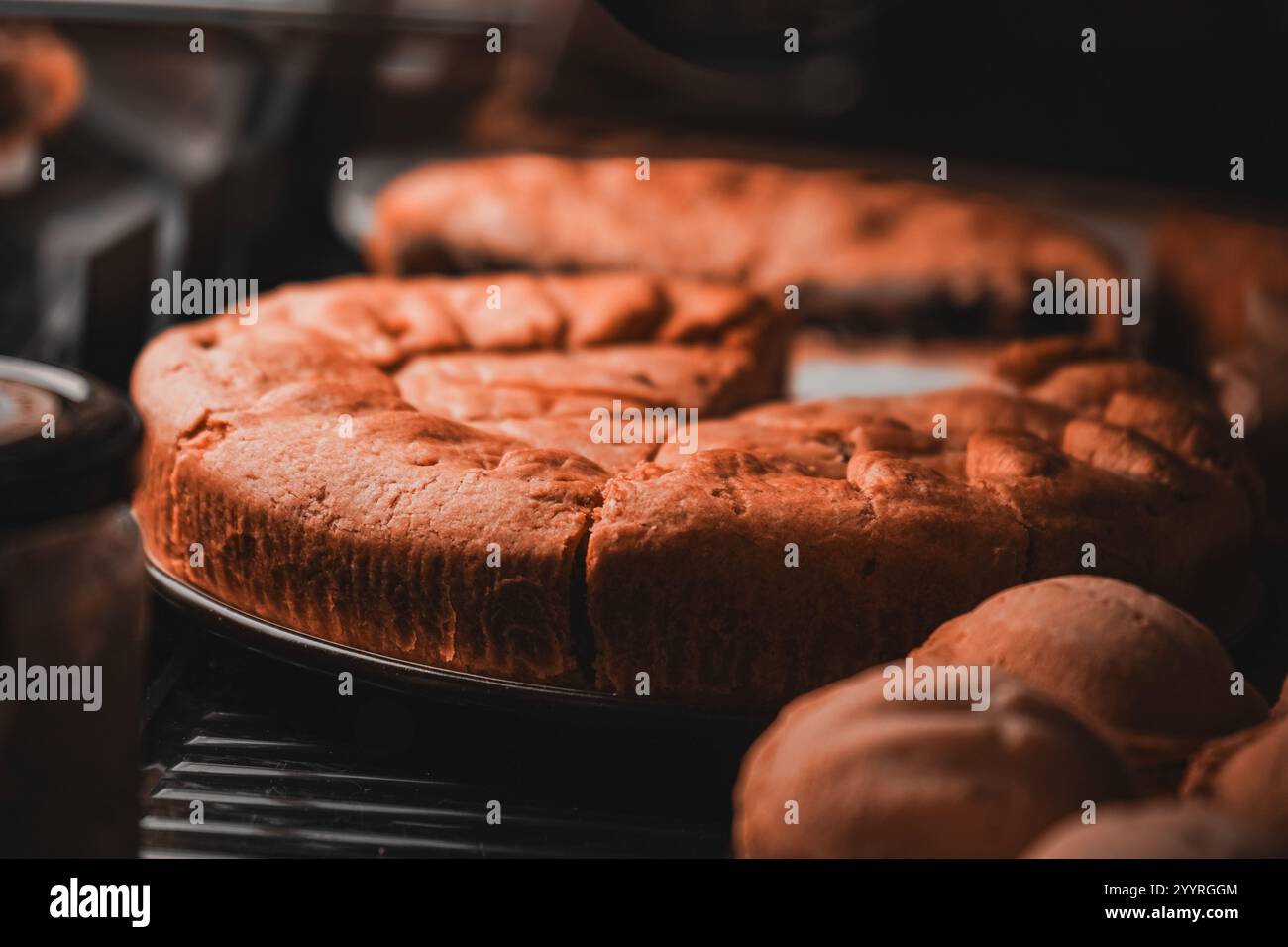 pantone tone. Chicken pie front view close up. Display case with a ...