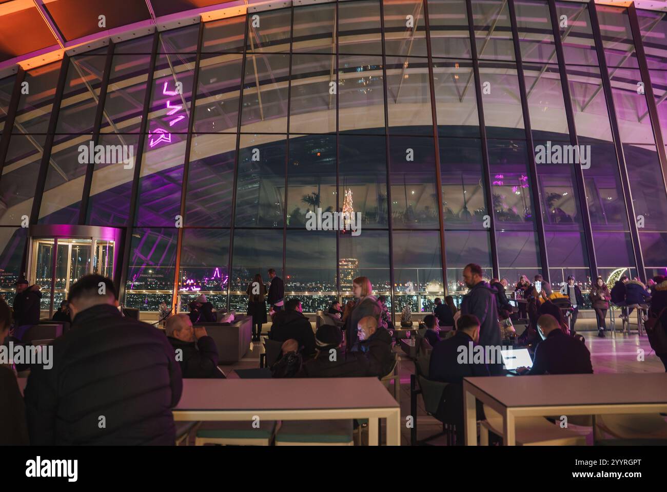 Sky Garden Interior with Nighttime View of The Shard in London Stock ...