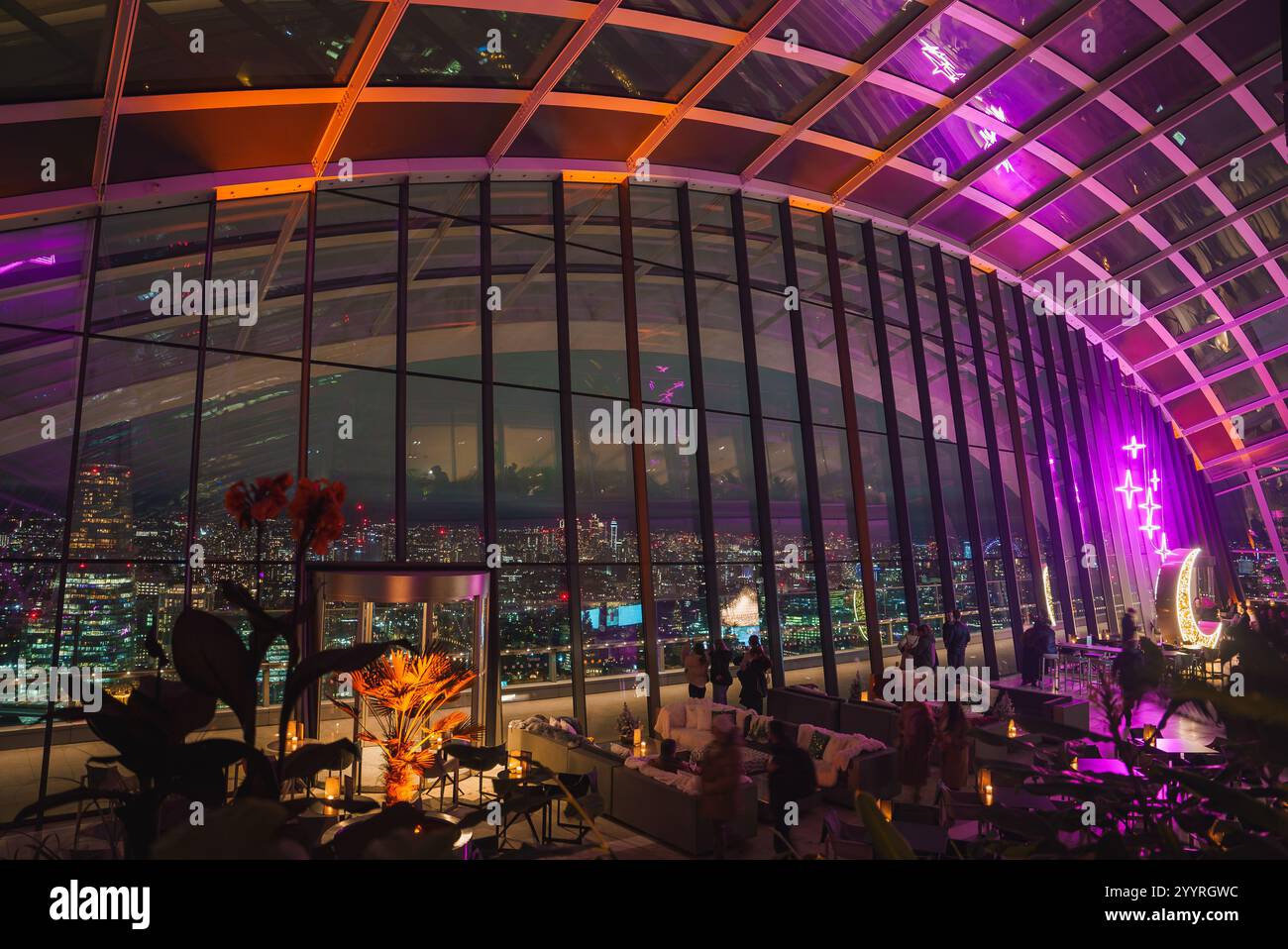 Sky Garden Interior with Curved Glass Ceiling and London Cityscape ...
